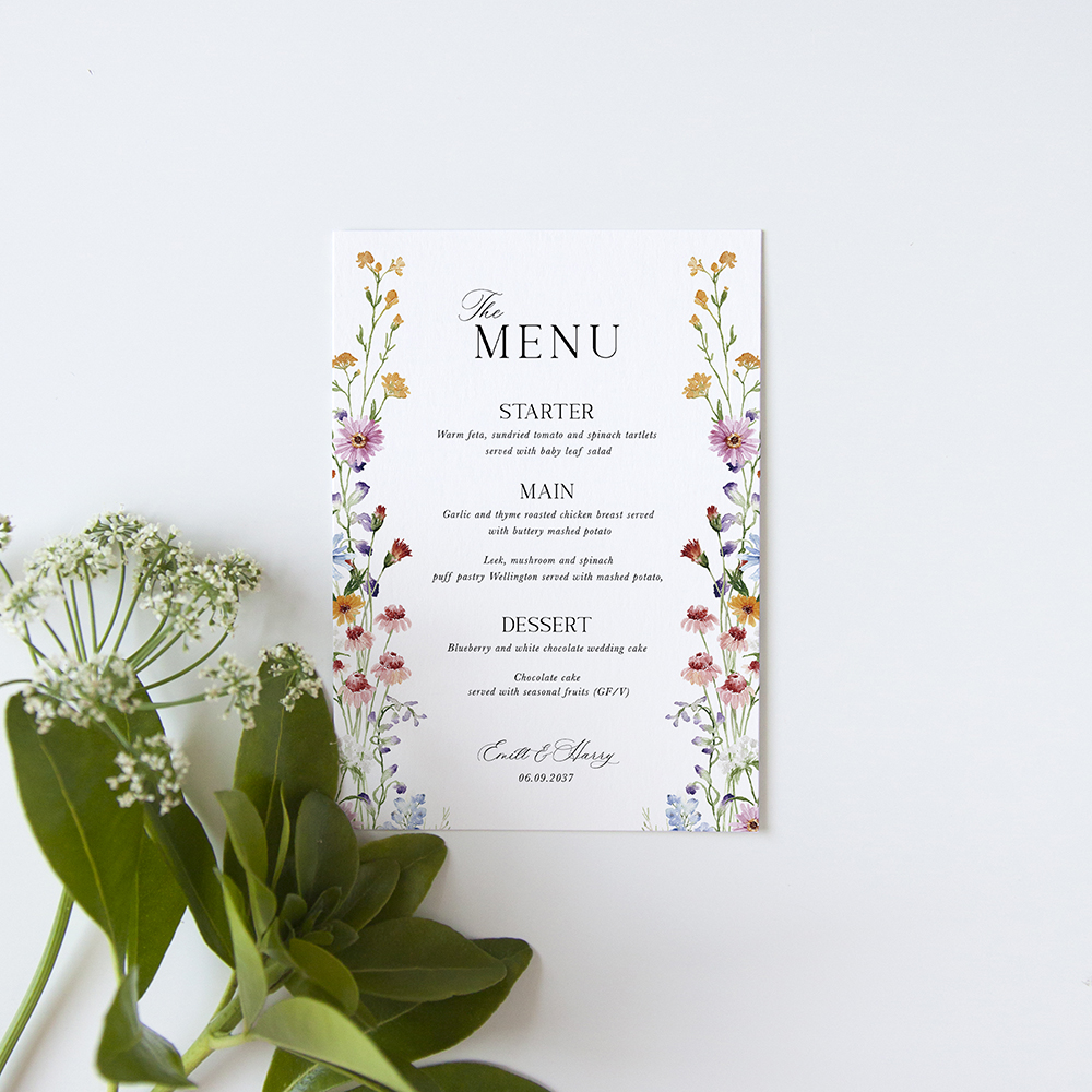 Wildflower Wedding Menu With Floral Border|A5, 5x7 & A6